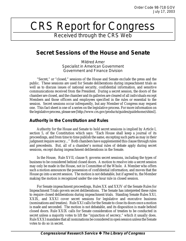 Secret Sessions of the House and Senate - EveryCRSReport.com