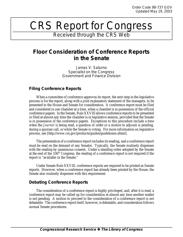 Floor Consideration of Conference Reports in the Senate ...