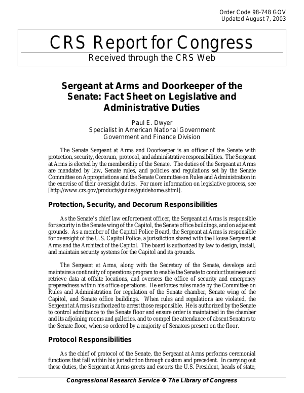 Sergeant at Arms and Doorkeeper of the Senate: Fact Sheet on ...