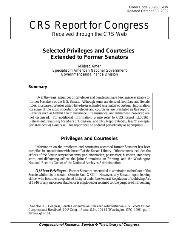 Selected Privileges and Courtesies Extended to Former Senators ...