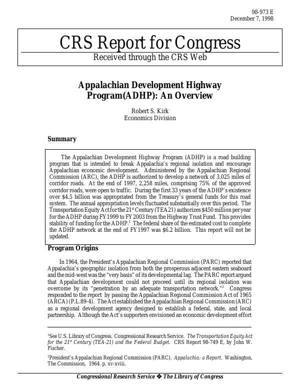 APPALACHIAN DEVELOPMENT HIGHWAY PROGRAM (ADHP): AN OVERVIEW ...