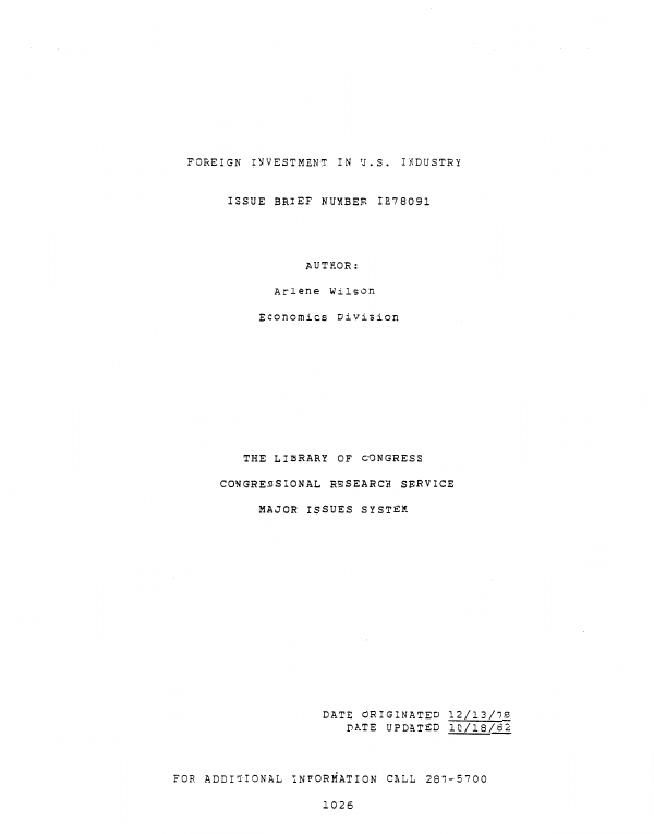 Foreign Investment in U.S. Industry - EveryCRSReport.com