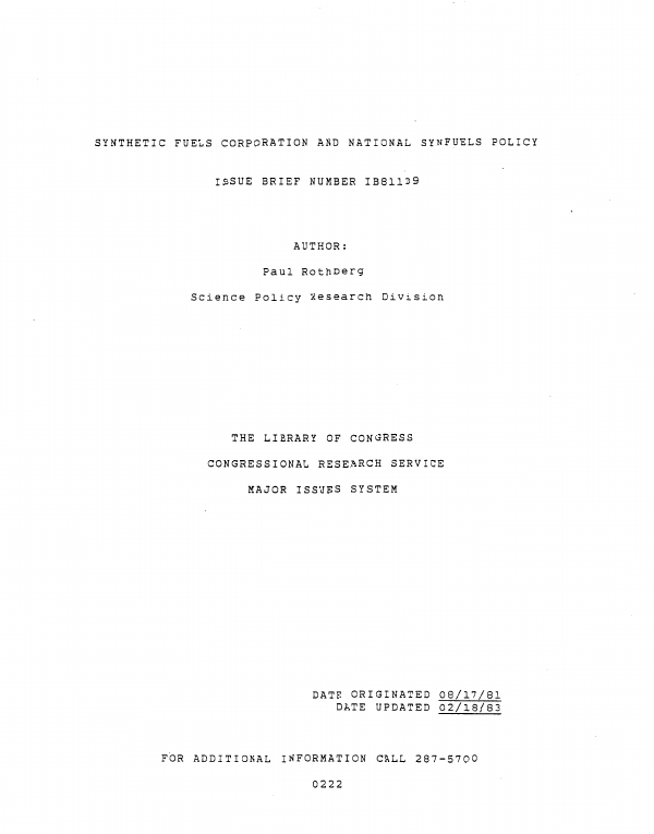 Synthetic Fuels Corporation and National Synfuels Policy ...
