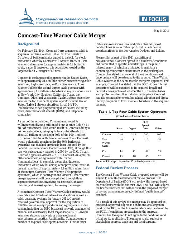 Comcast-Time Warner Cable Merger - EveryCRSReport.com