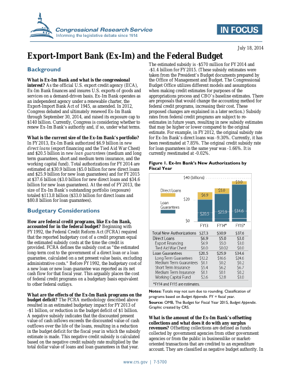 Export-Import Bank (Ex-Im) and the Federal Budget - EveryCRSReport.com