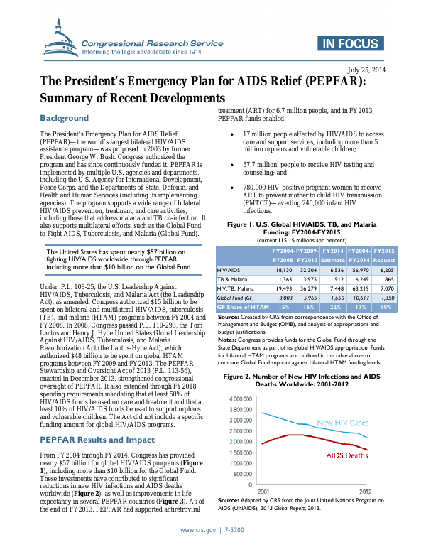 The President’s Emergency Plan for AIDS Relief (PEPFAR): Summary of ...