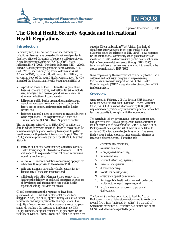 The Global Health Security Agenda (2014-2019) and International Health ...
