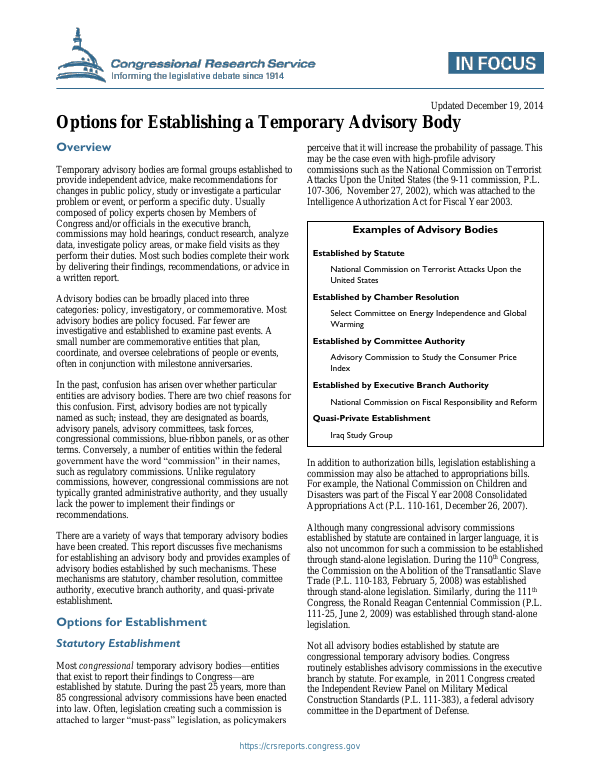 Options for Establishing a Temporary Advisory Body - EveryCRSReport.com