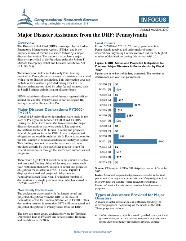 Major Disaster Assistance from the DRF: Pennsylvania - EveryCRSReport.com