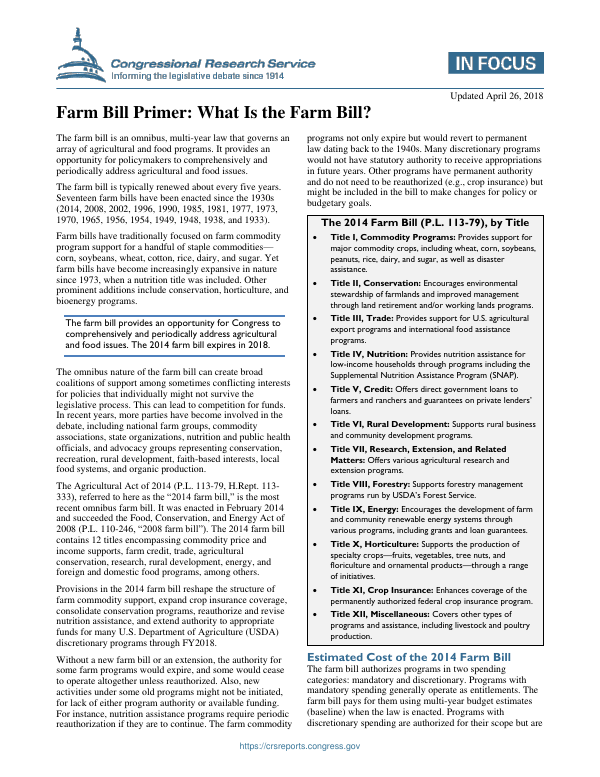 Farm Bill Primer: What Is the Farm Bill? - EveryCRSReport.com