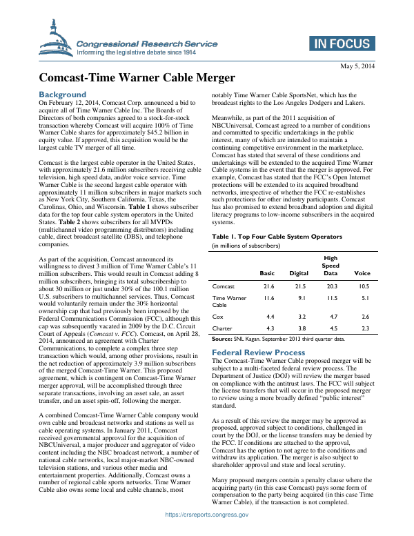 Comcast-Time Warner Cable Merger - EveryCRSReport.com