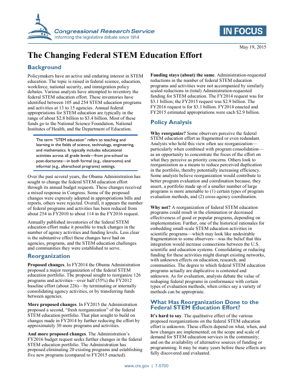 The Changing Federal STEM Education Effort - EveryCRSReport.com