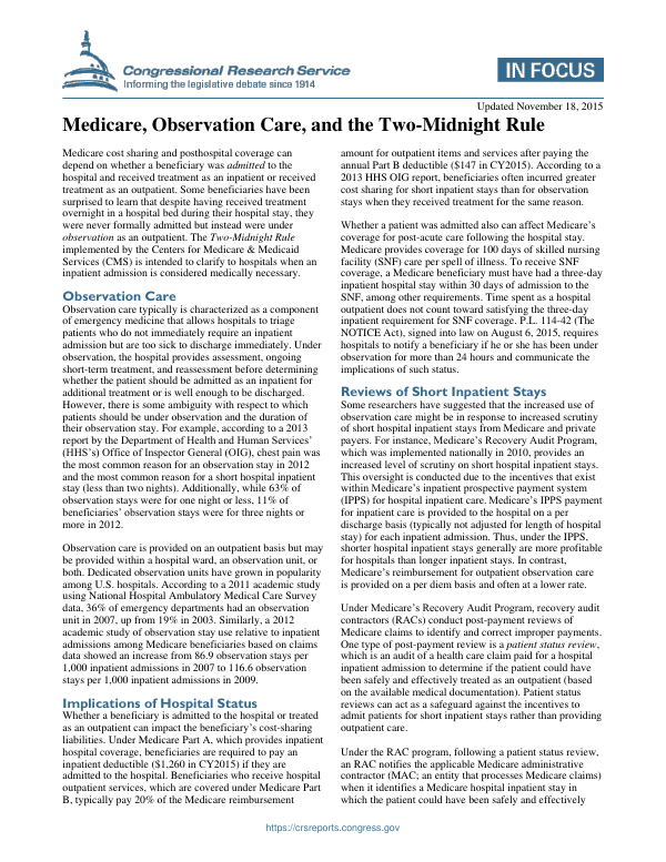 Medicare, Observation Care, and the Two-Midnight Rule - EveryCRSReport.com
