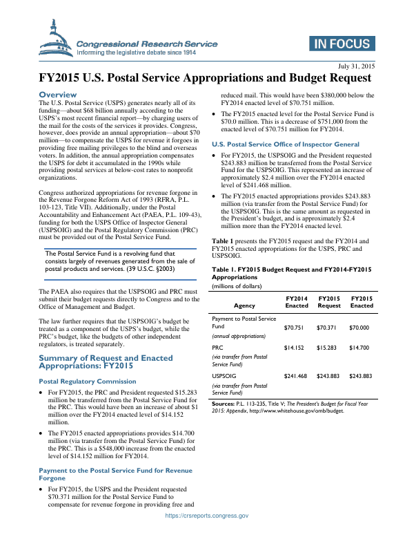 FY2015 U.S. Postal Service Appropriations and Budget Request ...