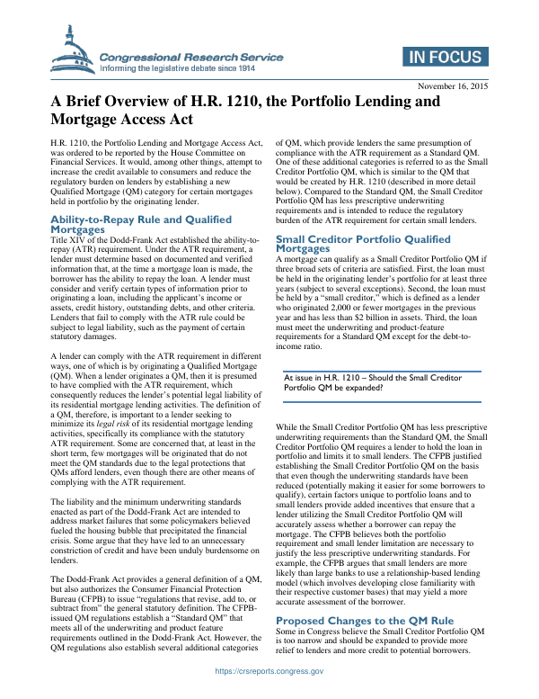 A Brief Overview of H.R. 1210, the Portfolio Lending and Mortgage ...