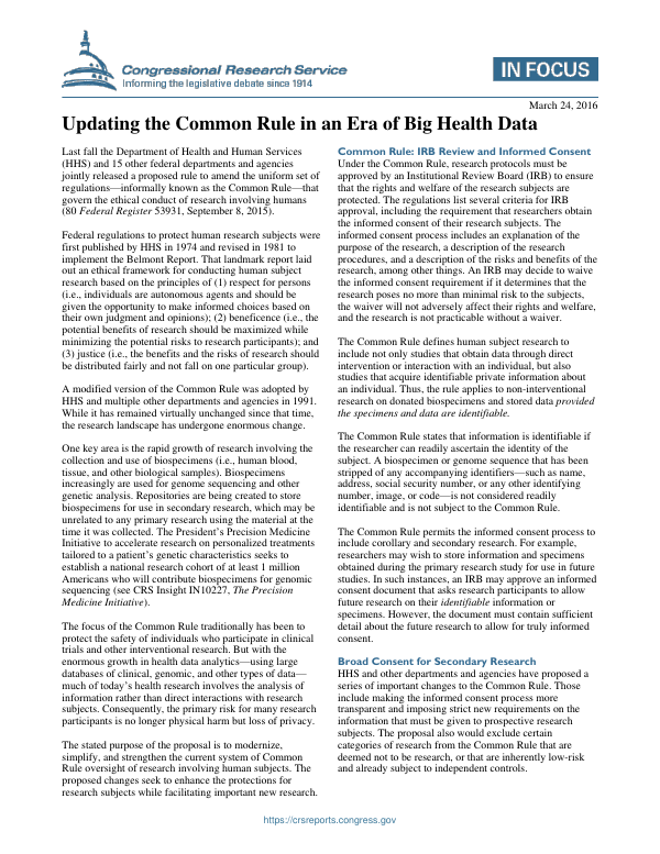 Updating the Common Rule in an Era of Big Health Data - EveryCRSReport.com