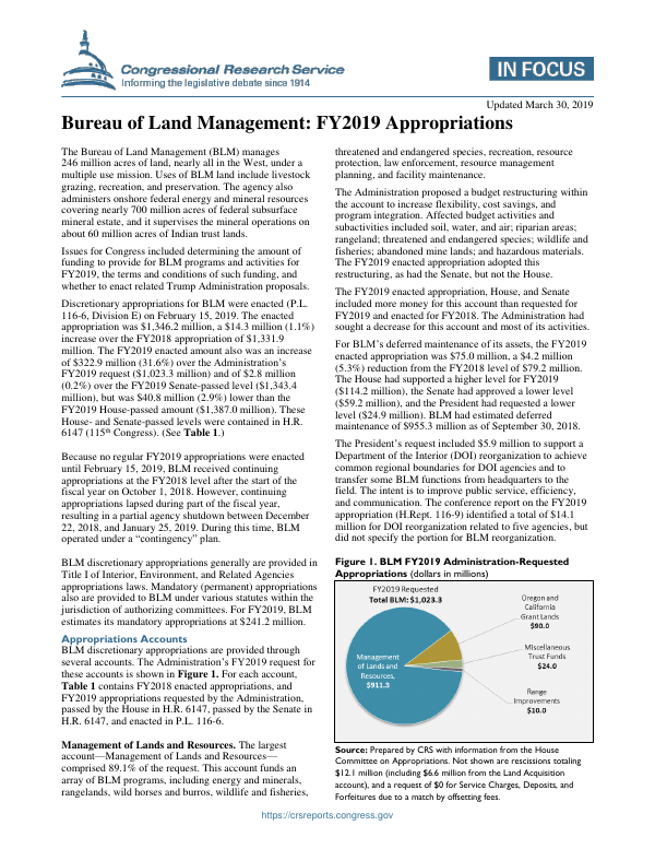 Bureau of Land Management: FY2019 Appropriations - EveryCRSReport.com