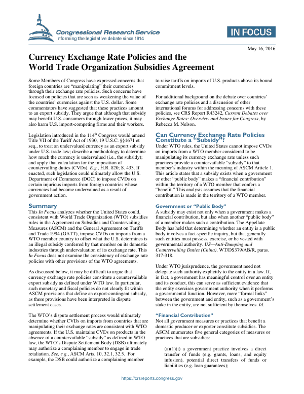 Currency Exchange Rate Policies and the World Trade Organization ...