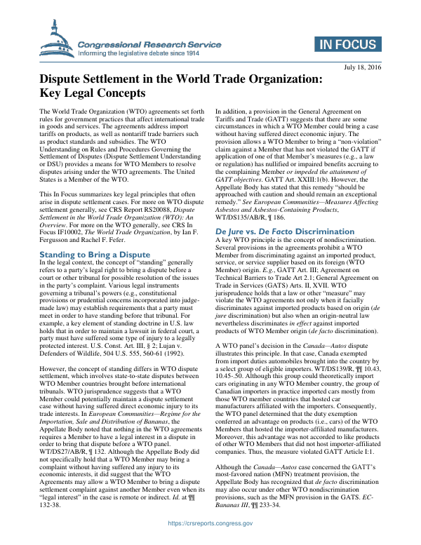 Dispute Settlement in the World Trade Organization: Key Legal Concepts ...