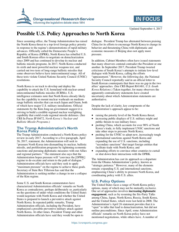Possible U.S. Policy Approaches to North Korea - EveryCRSReport.com