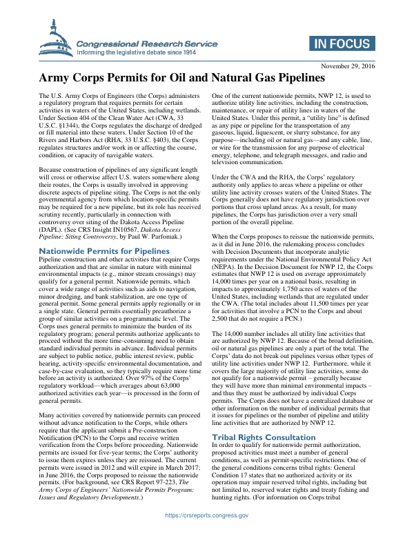 Army Corps Permits for Oil and Natural Gas Pipelines - EveryCRSReport.com