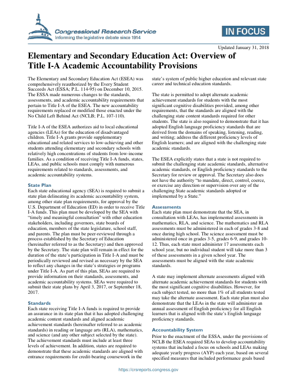 Elementary and Secondary Education Act: Overview of Title I-A Academic ...