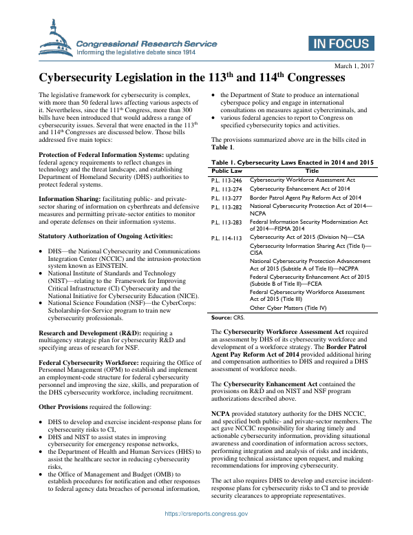 Cybersecurity Legislation in the 113th and 114th Congresses ...