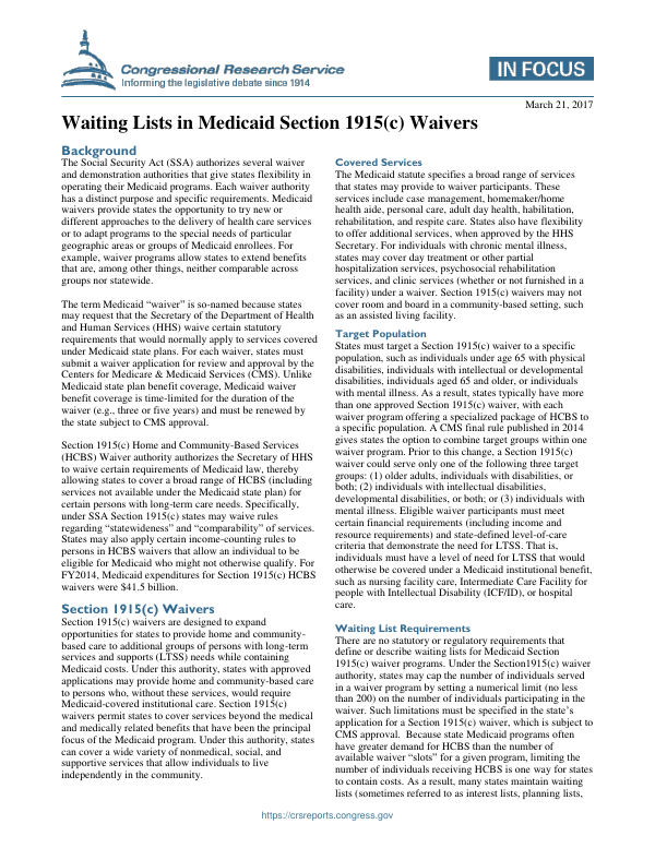 Waiting Lists in Medicaid Section 1915(c) Waivers - EveryCRSReport.com