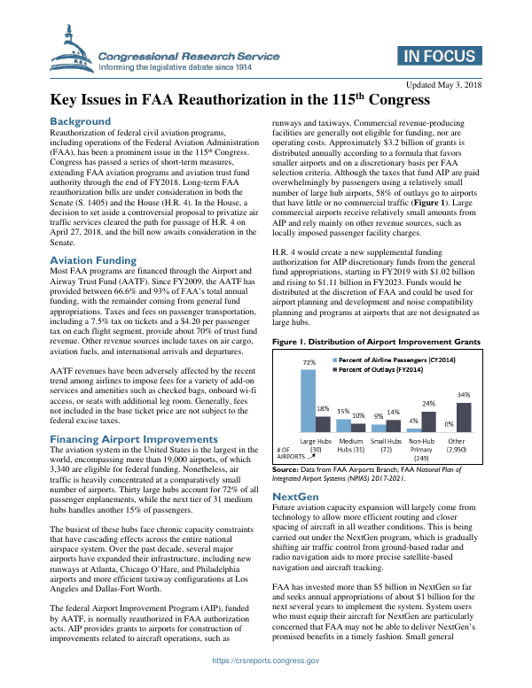 Key Issues in FAA Reauthorization in the 115th Congress ...