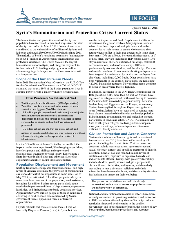 Syria’s Humanitarian and Protection Crisis: Current Status ...