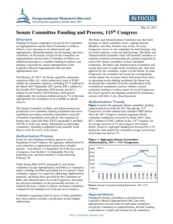 Senate Committee Funding and Process, 115th Congress - EveryCRSReport.com