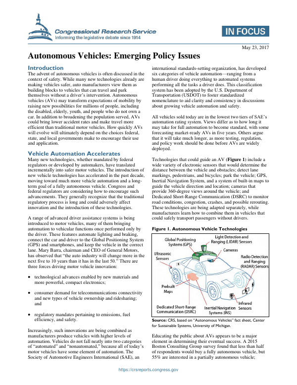 Autonomous Vehicles: Emerging Policy Issues - EveryCRSReport.com