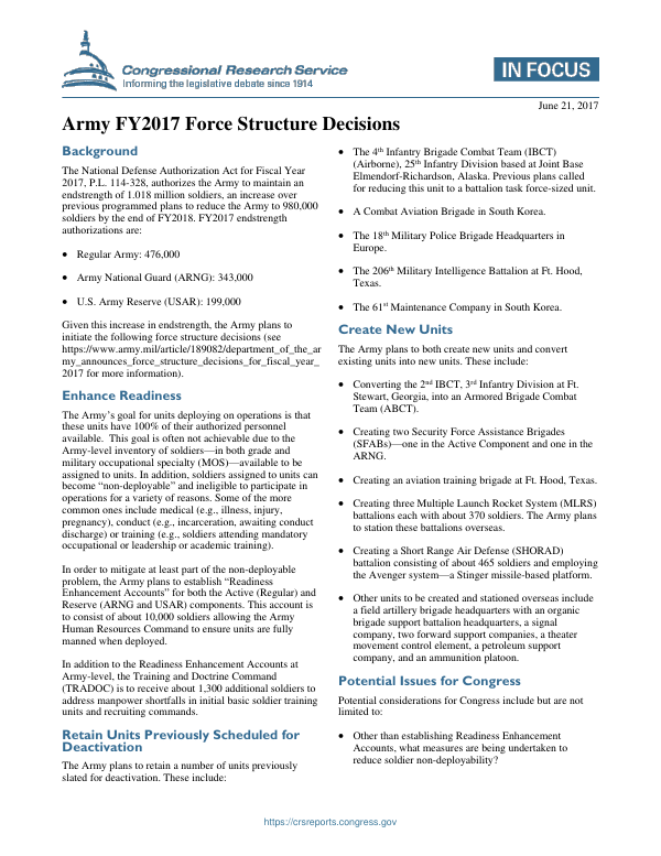 Army FY2017 Force Structure Decisions - EveryCRSReport.com