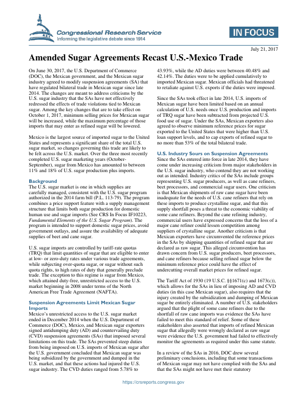 Amended Sugar Agreements Recast U.S.-Mexico Trade - EveryCRSReport.com