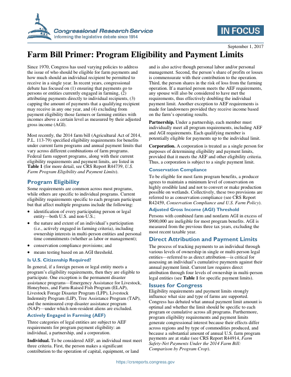 Farm Bill Primer: Program Eligibility and Payment Limits - EveryCRSReport.com