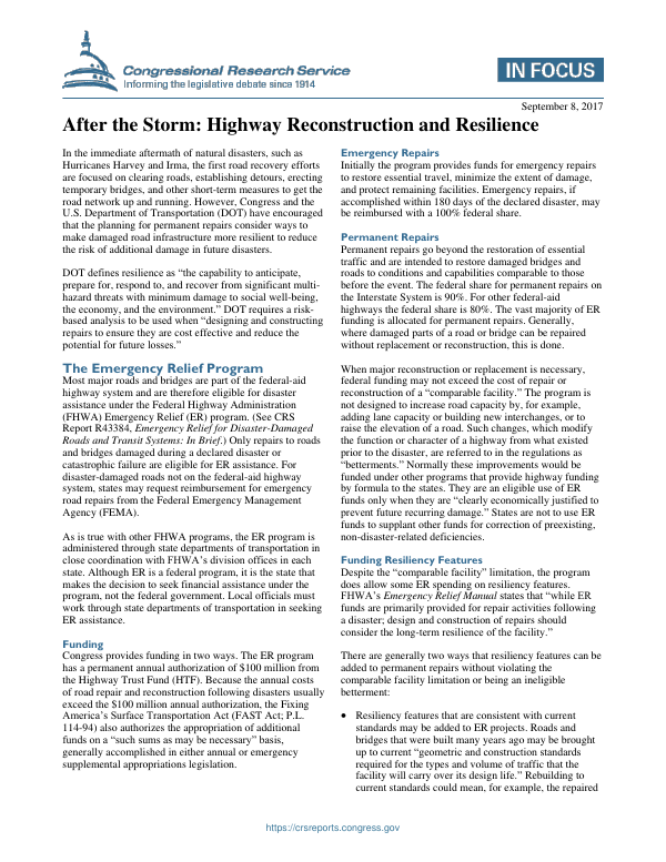 After the Storm: Highway Reconstruction and Resilience - EveryCRSReport.com