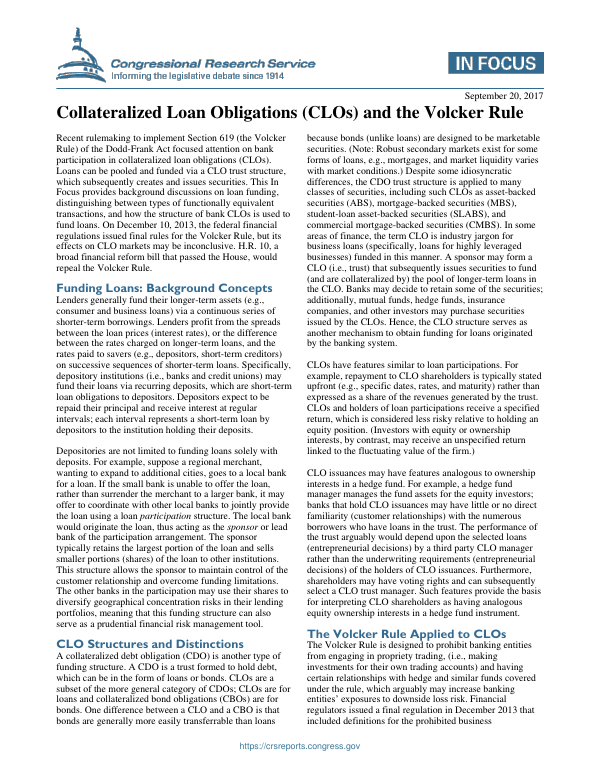 Collateralized Loan Obligations (CLOs) and the Volcker Rule ...