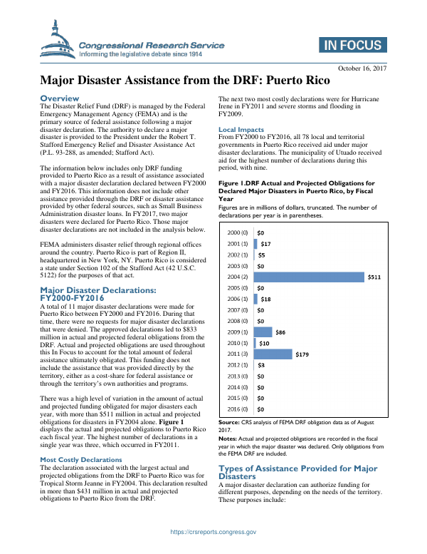 Major Disaster Assistance from the DRF: Puerto Rico - EveryCRSReport.com