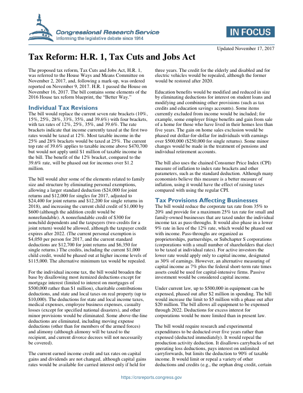 Tax Reform: H.R. 1, Tax Cuts and Jobs Act - EveryCRSReport.com