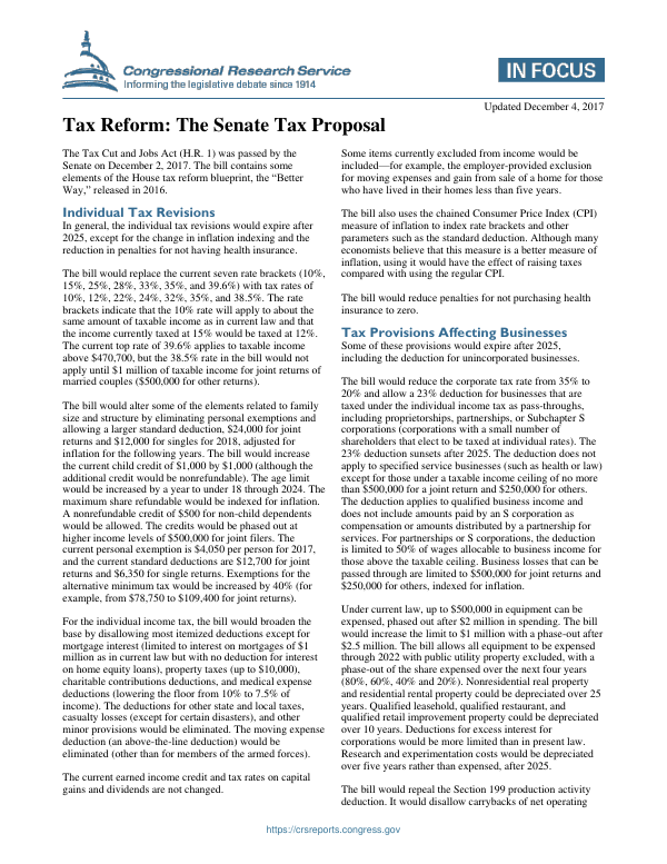 Tax Reform: The Senate Tax Proposal - EveryCRSReport.com