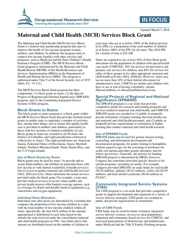 Maternal and Child Health (MCH) Services Block Grant - EveryCRSReport.com