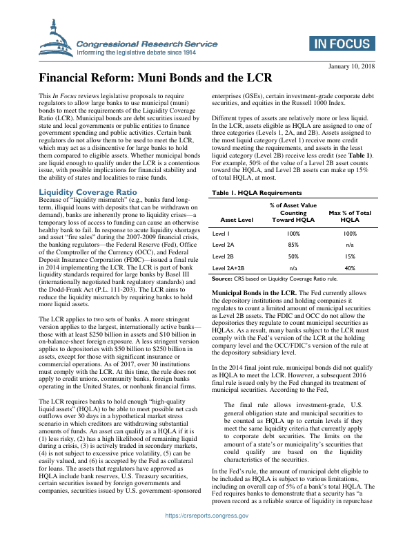 Financial Reform: Muni Bonds and the LCR - EveryCRSReport.com