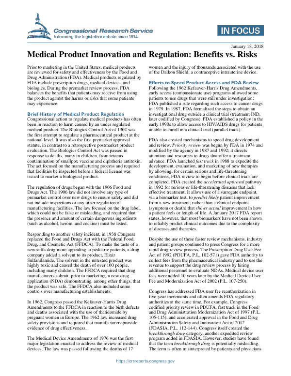 Medical Product Innovation and Regulation: Benefits vs. Risks ...
