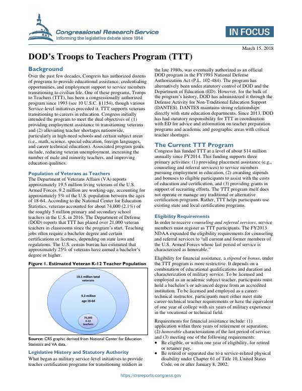 DOD’s Troops to Teachers Program (TTT) - EveryCRSReport.com