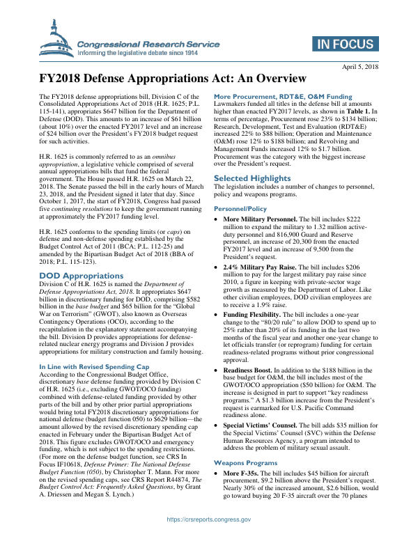 FY2018 Defense Appropriations Act: An Overview - EveryCRSReport.com