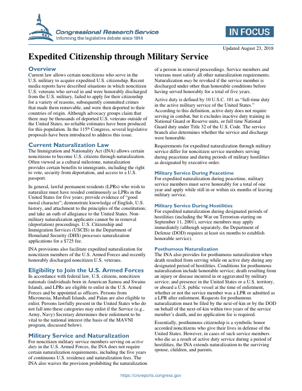 Expedited Citizenship through Military Service - EveryCRSReport.com
