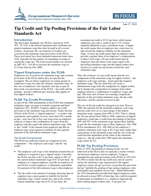 Tip Credit and Tip Pooling Provisions of the Fair Labor Standards Act ...
