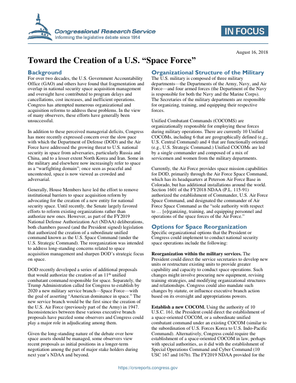 Toward the Creation of a U.S. “Space Force” - EveryCRSReport.com