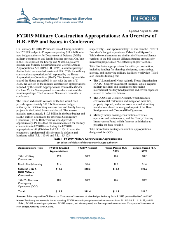 FY2019 Military Construction Appropriations: An Overview of H.R. 5895 ...