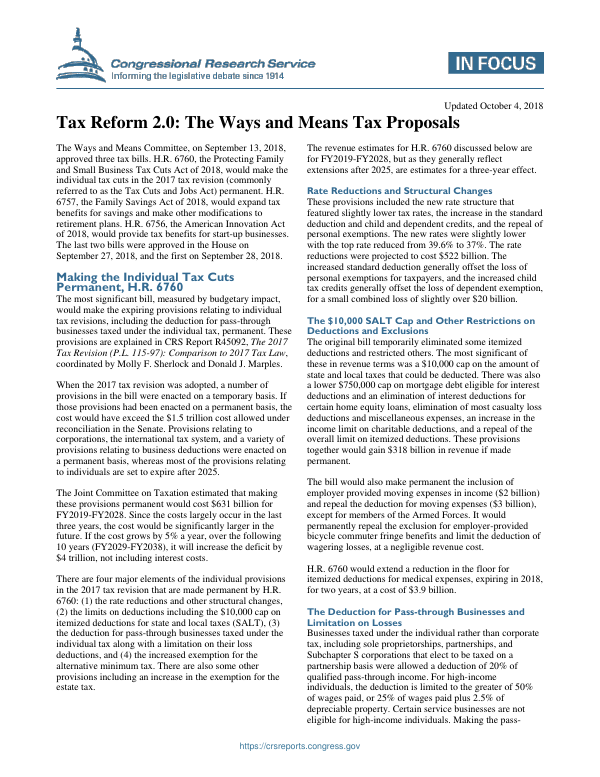Tax Reform 2.0: The Ways and Means Tax Proposals - EveryCRSReport.com